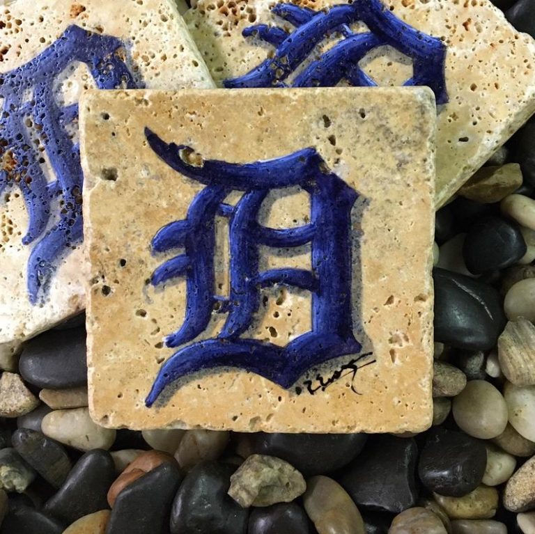 Detroit Tigers Coaster D Hand Painted Travertine Stone | Made In Michigan